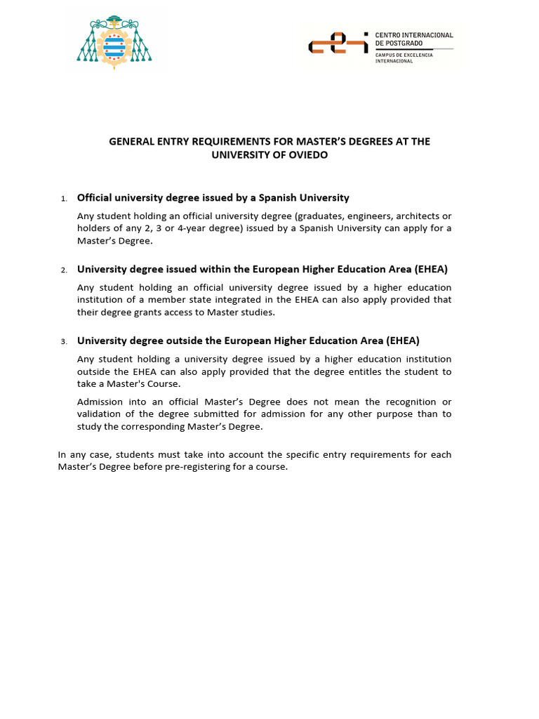 Master's Degree Entry Requirements at Oviedo | PDF