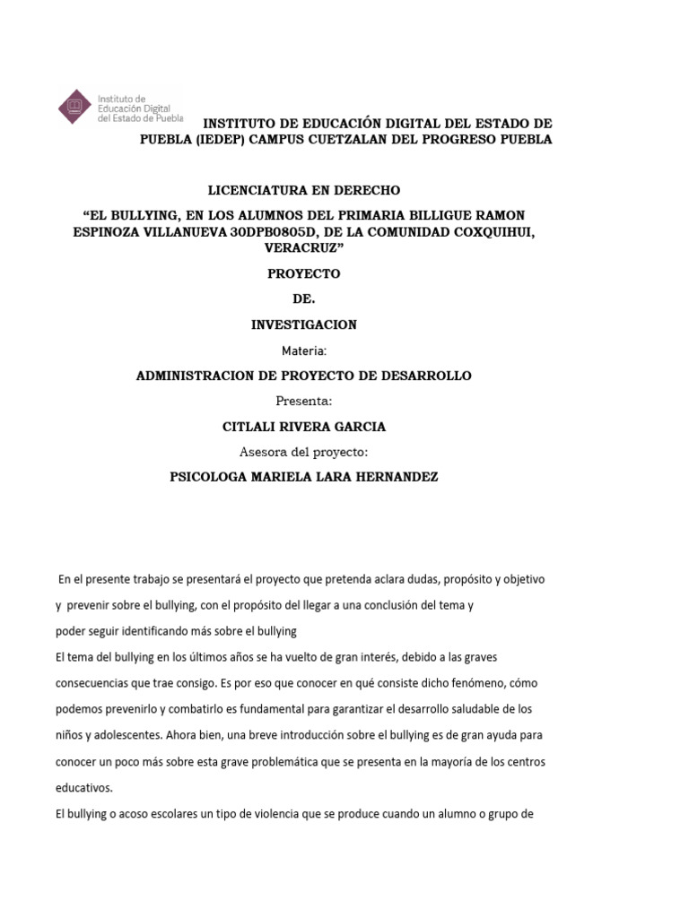 Prevención del Bullying en Primaria Veracruz | PDF | Depresión (estado ...