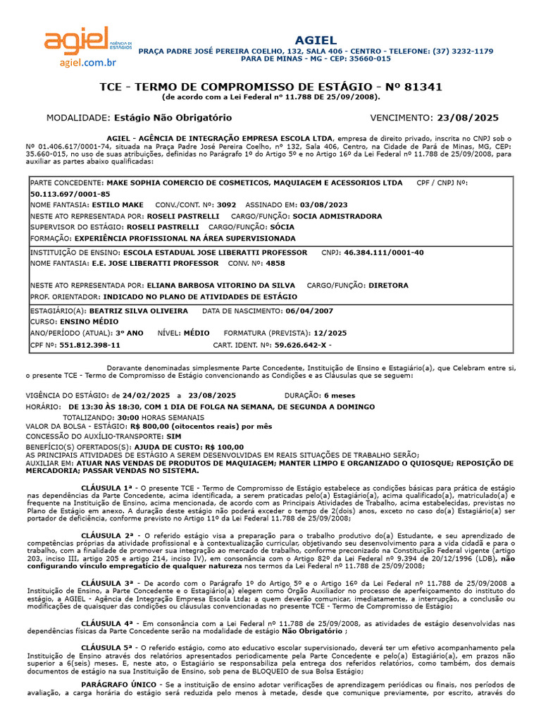 TCE nº 81341 - BEATRIZ SILVA OLIVEIRA | PDF | Estágio | Procura de Emprego