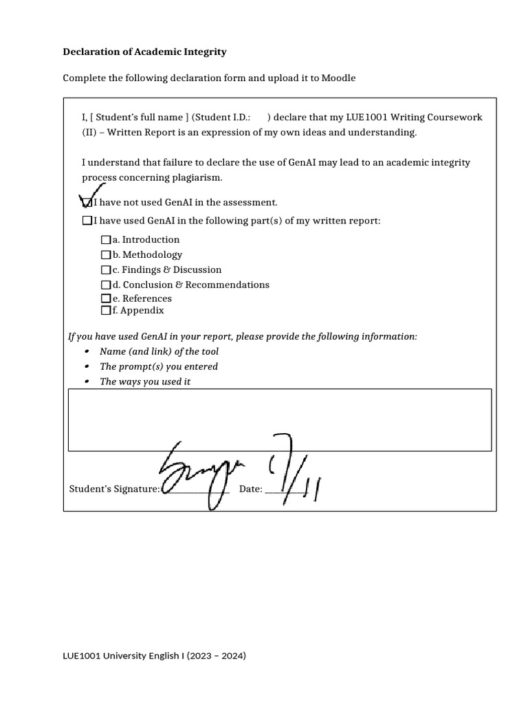 Declaration of Academic Integrity (LUE1001 WCII) | PDF