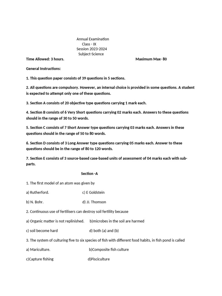 Class 9 Science Exam Paper 2024 | PDF | Atoms | Atomic Nucleus
