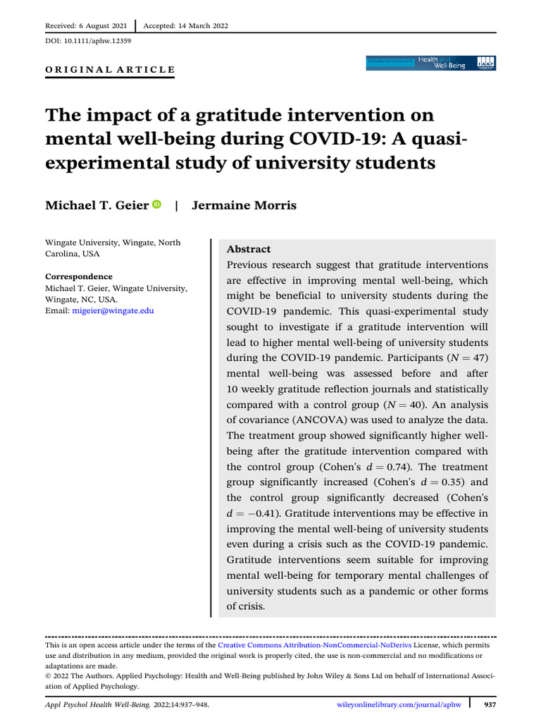 Applied Psych Health Well - 2022 - Geier - The Impact of A Gratitude Intervention On Mental Well ...