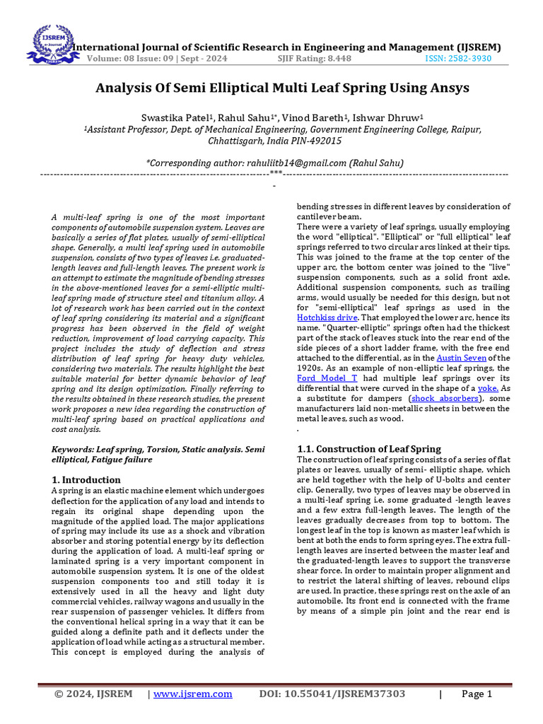 Analysis of Semi Elliptical Multi Leaf Spring Using Ansys | PDF ...