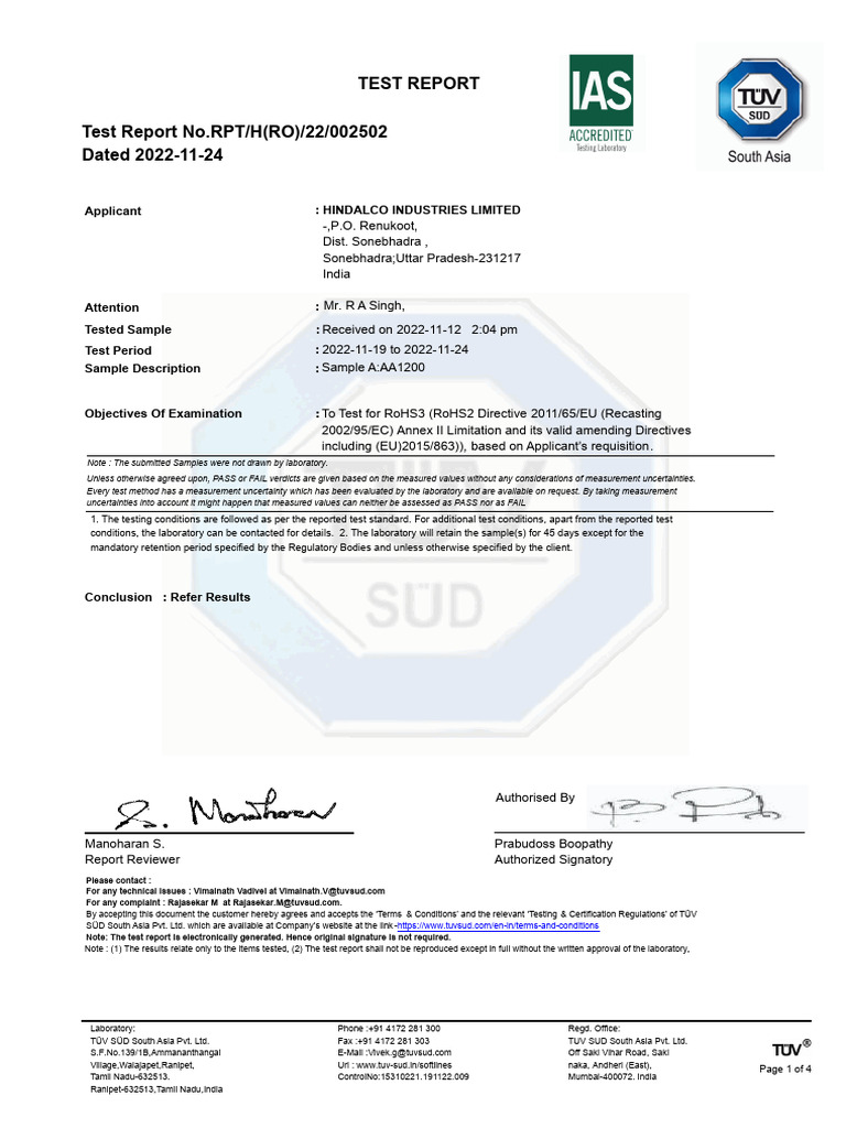 Hindalco - RoHS Declaration | PDF | Chromium
