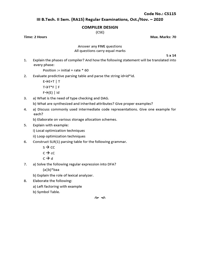 Code No.: CS115 III B.Tech. II Sem. (RA15) Regular Examinations, Oct./Nov. 2020 Compiler Design ...