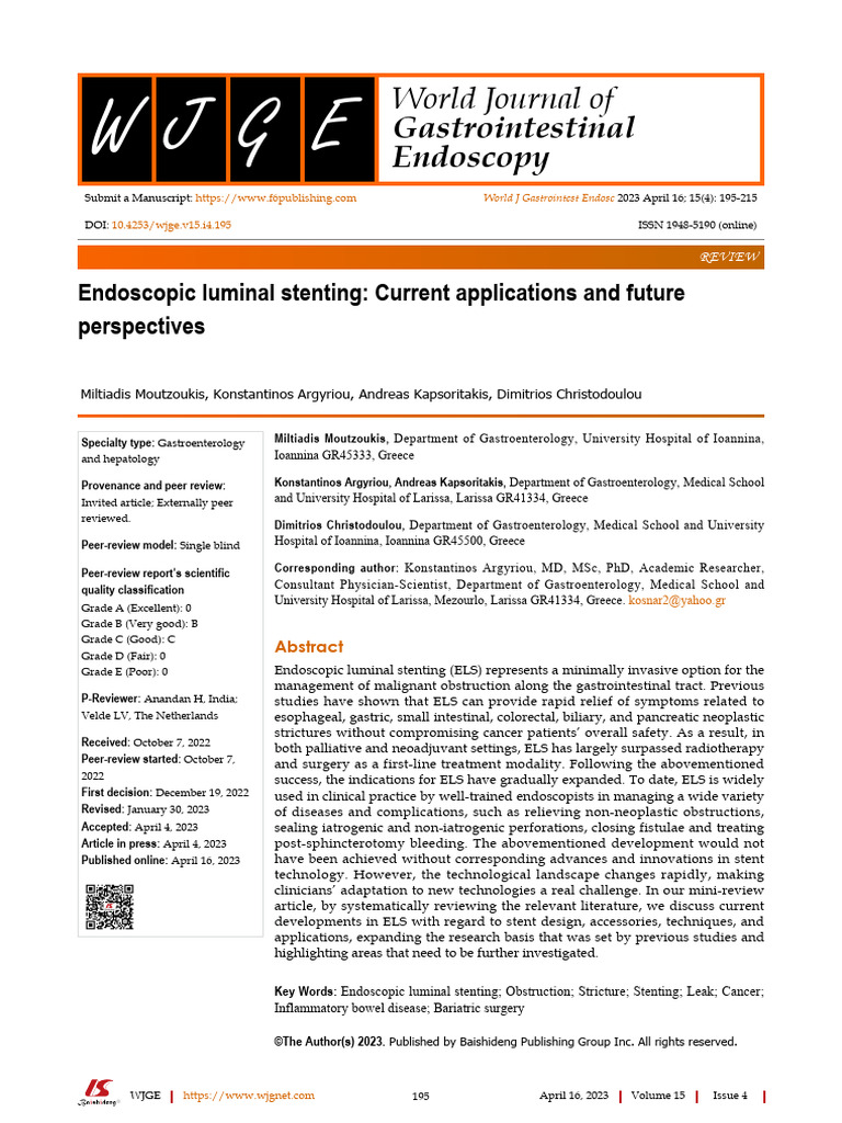 WJGE Endoscopis Luminal Stenting-15-195 | PDF | Stent | Esophageal Cancer