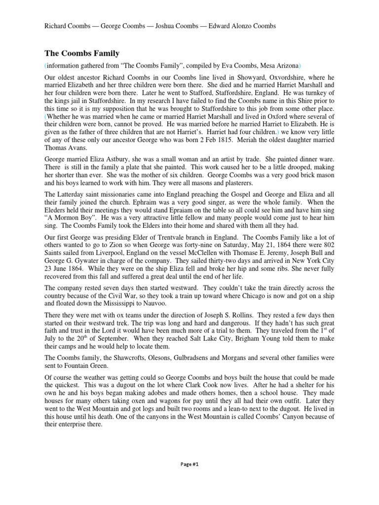 Coombs Family 15 Generations | PDF | Utah | Will And Testament
