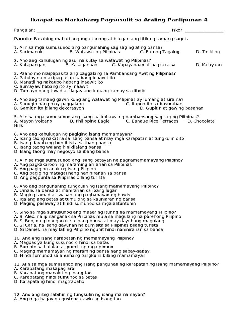 4th Periodical Test in AP4 MATATAG 4 Sy 2024-2025 | PDF