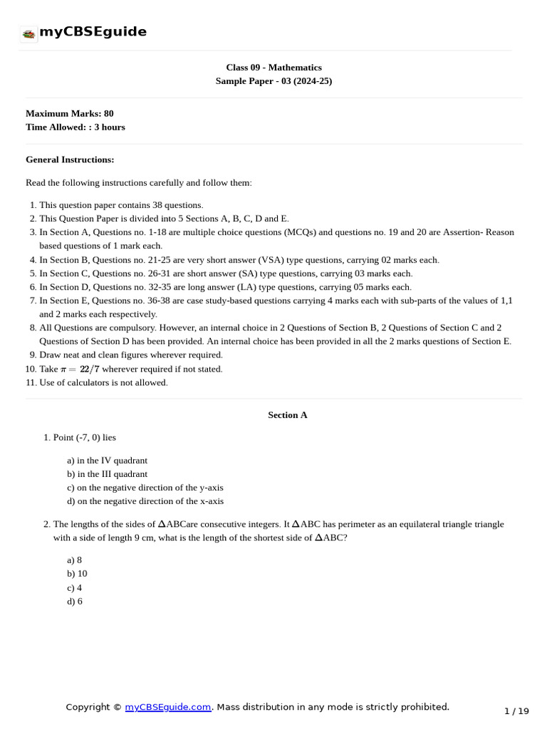 Class9MathsSamplePaper3 (Real) | PDF | Area | Angle