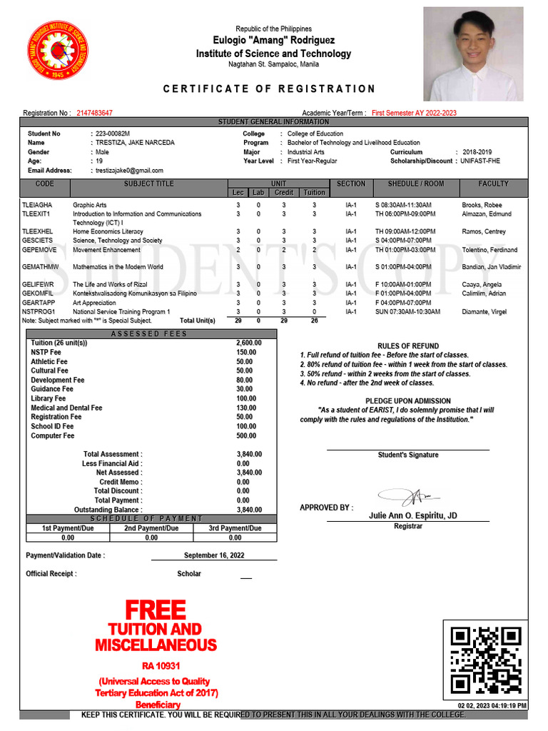 Certificate of Registration - AY 2022-2023 | PDF