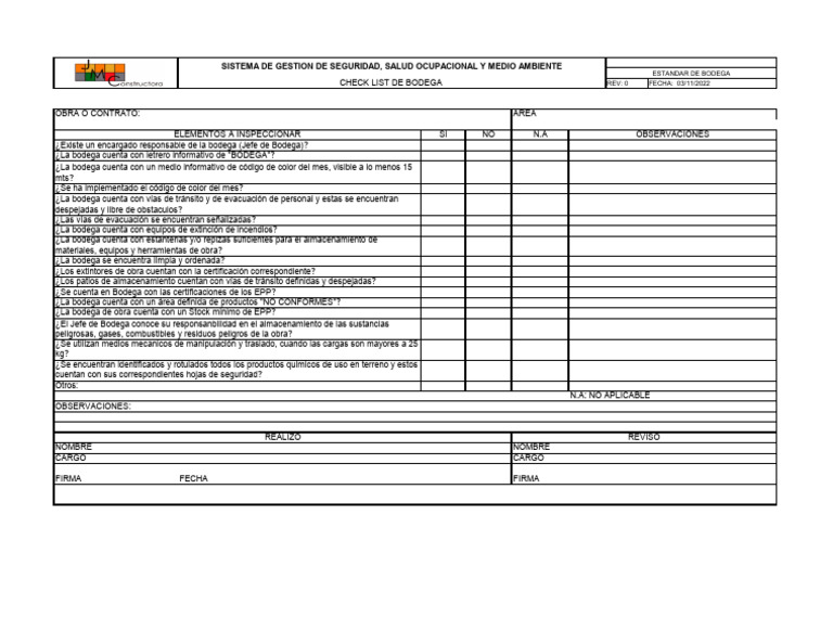 Check List Bodega Materiales | PDF