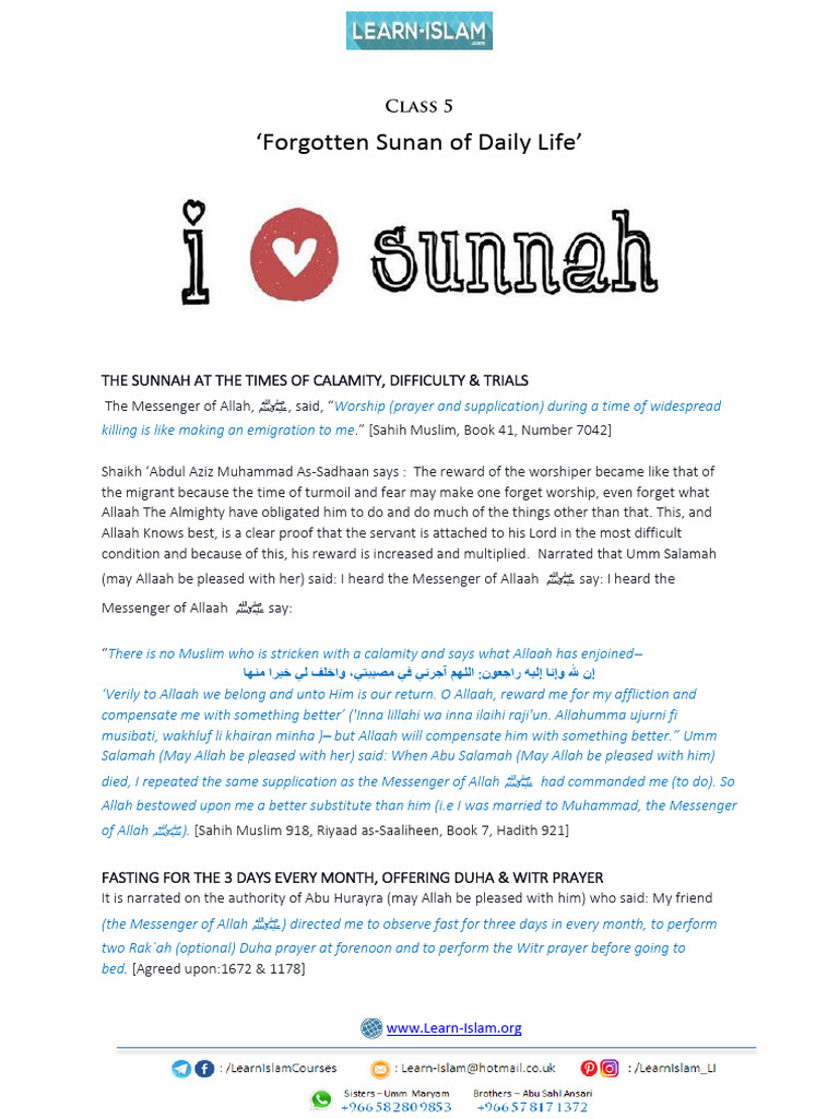 Class 5 - FORGOTTEN SUNNAHS OF DAILY LIFE | PDF | Hadith | Muhammad