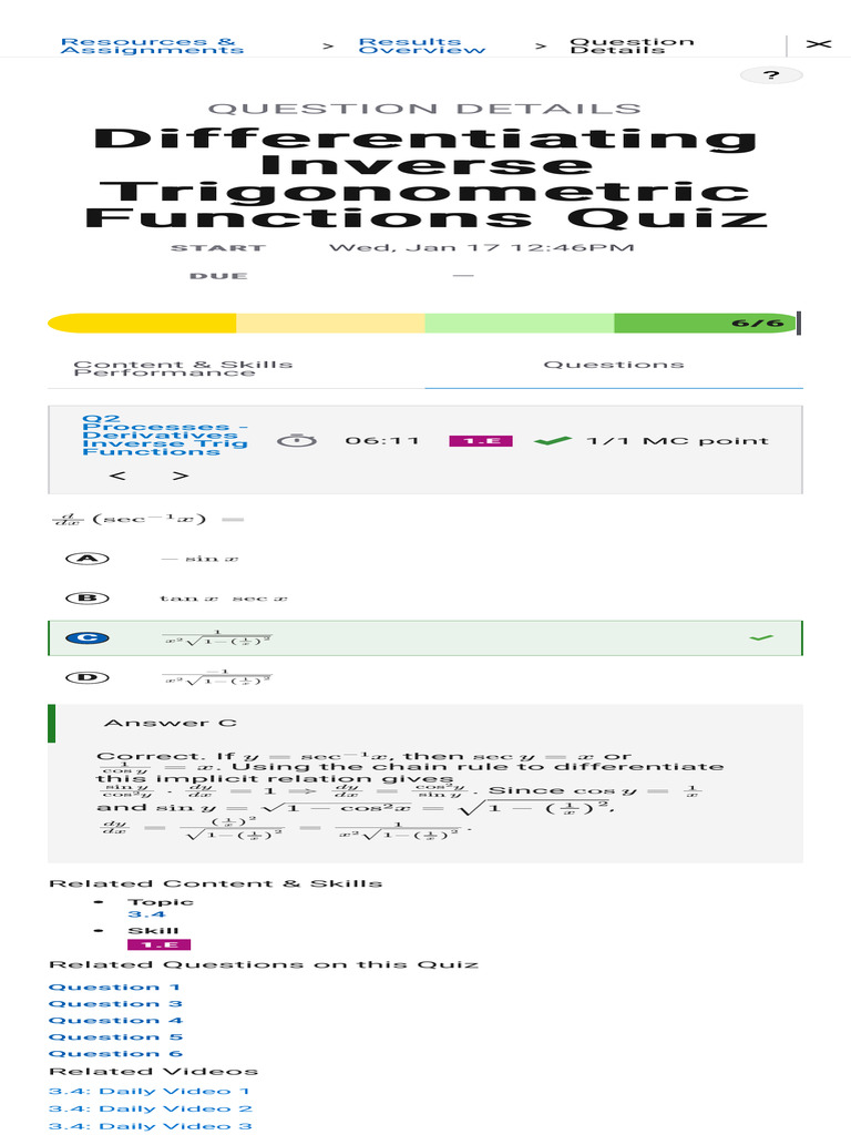AP Calculus AB Differentiating Inverse Trigonometric Functions Quiz ...