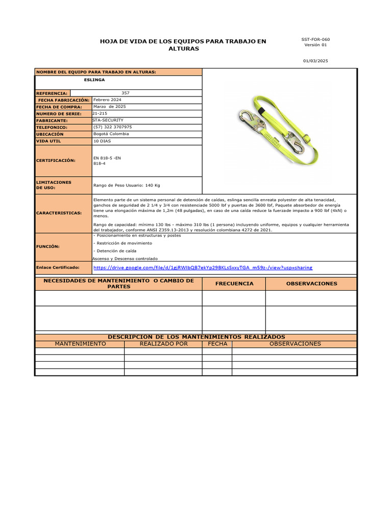 SST-FOR-060 Hoja de Vida Eslinga#1 | PDF