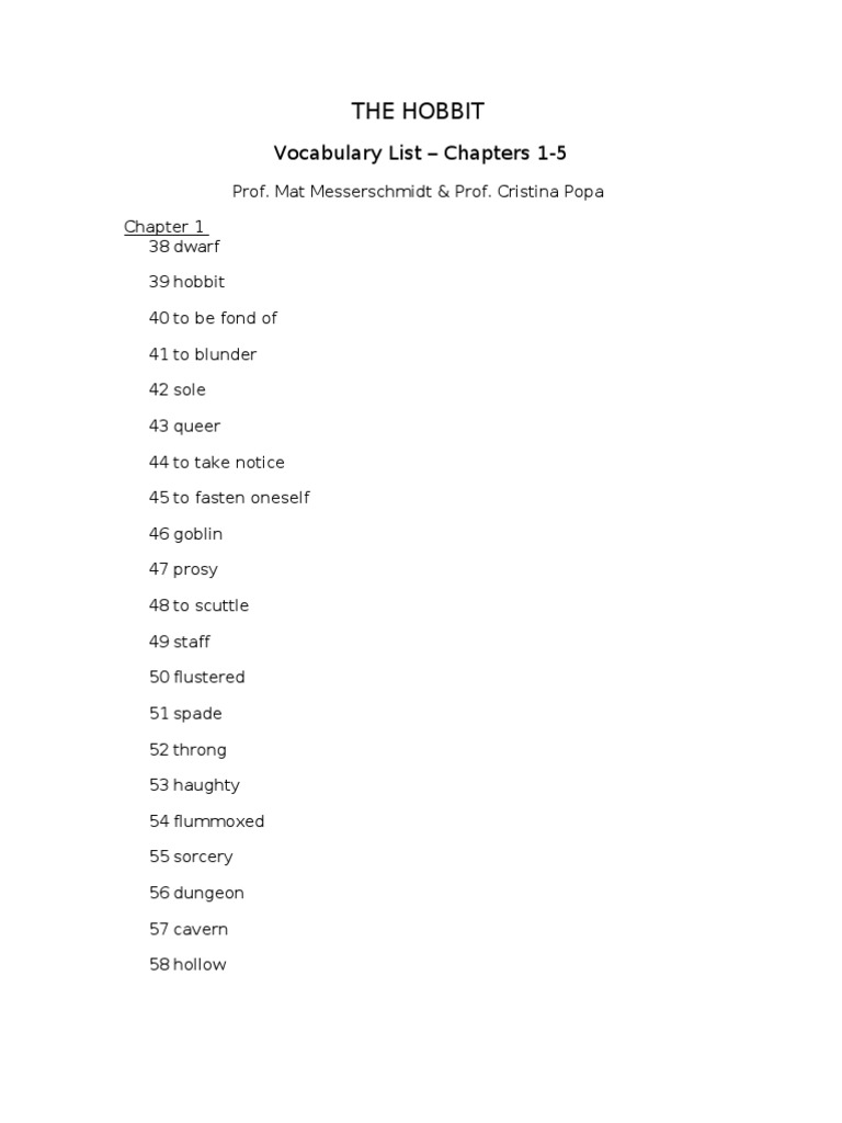 5th The HOBBIT - 1 - 5 Vocabulary List | PDF