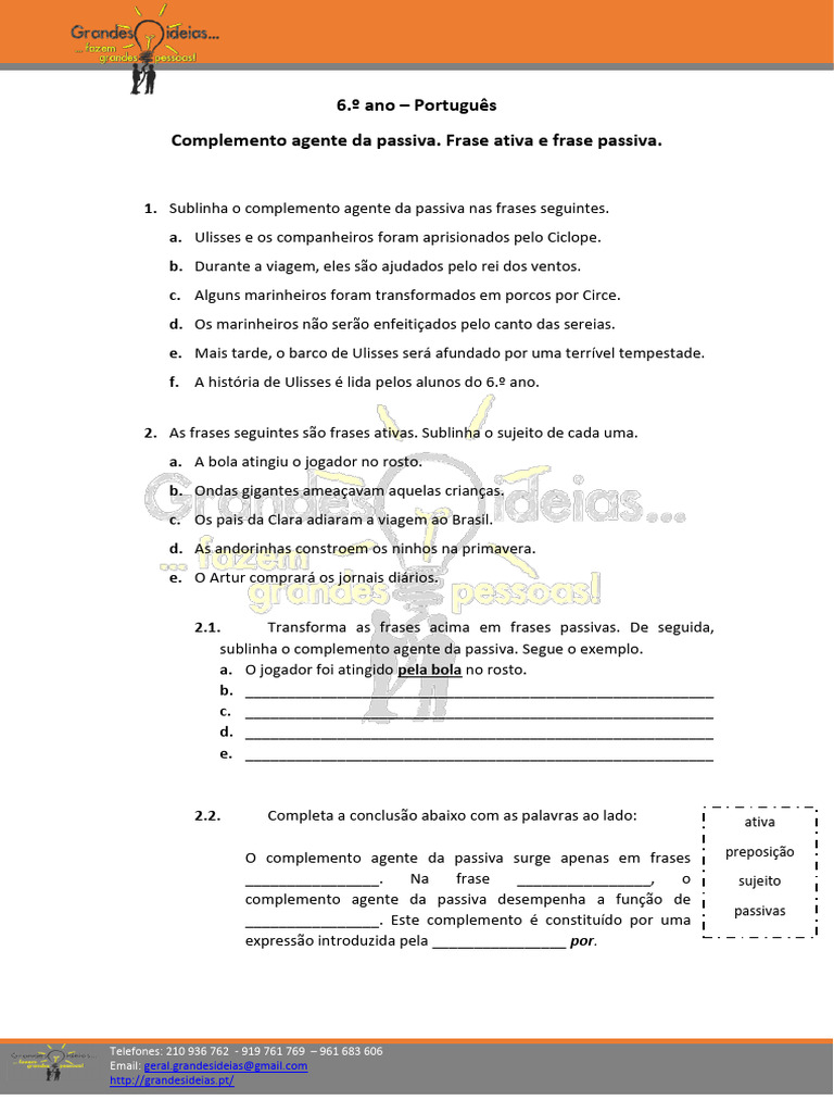 PT6 - Complemento Agente Da Passiva. Frase Ativa e Frase Passiva. | PDF