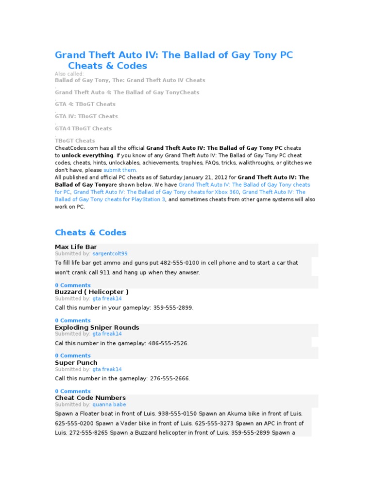 GTA 4: TBoGT Cheats Guide | PDF | Cheating In Video Games | Video Games