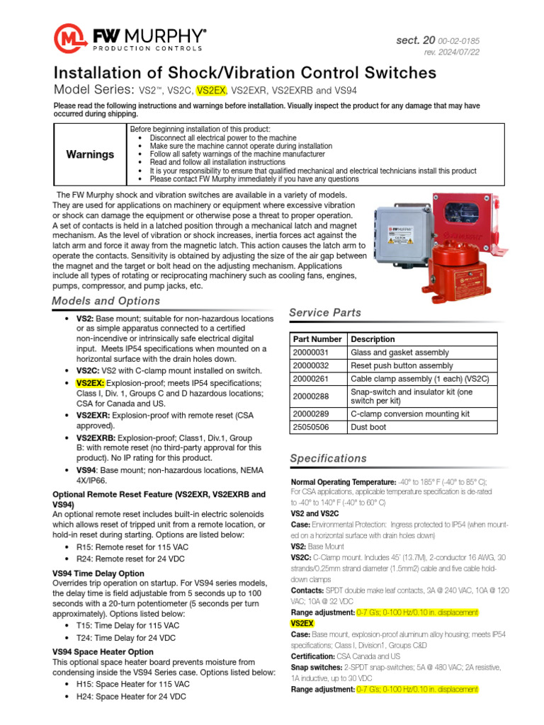 VIBRATION SWITCH FW MURPHY VS2EX 0-7 G's | PDF | Electrical Connector ...
