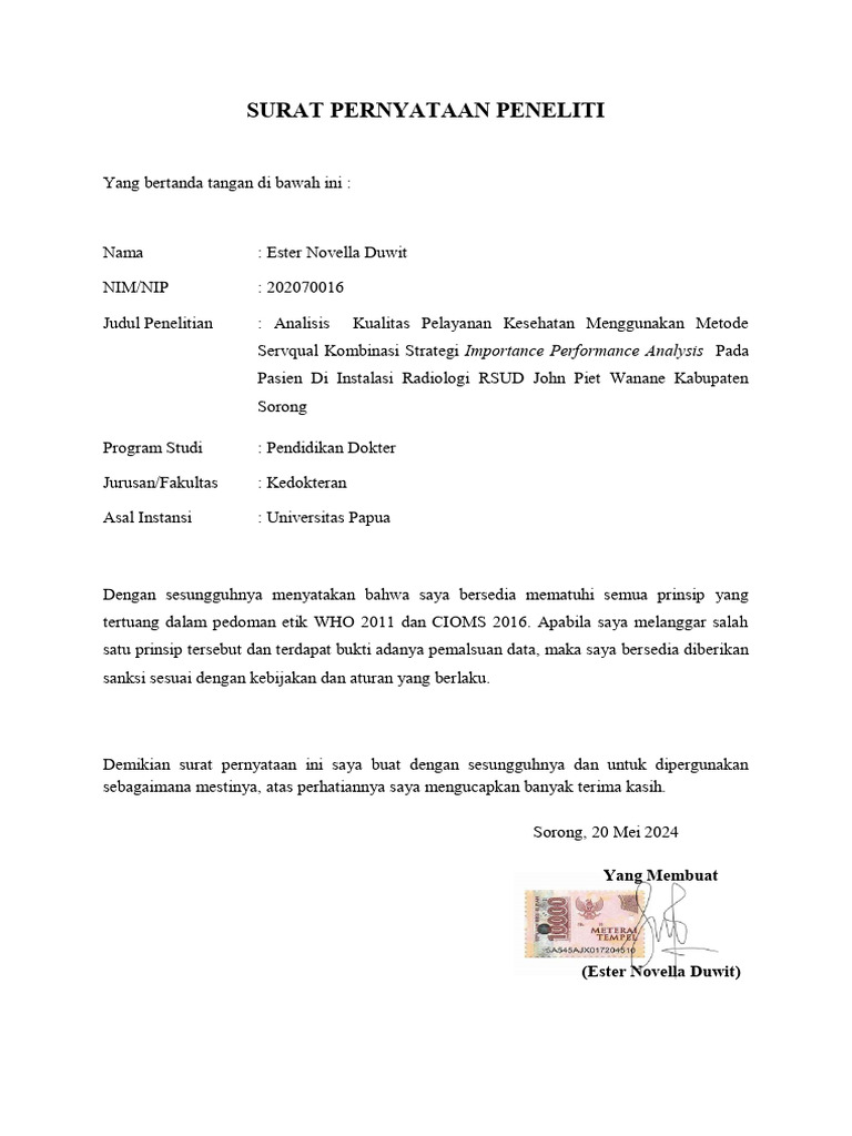 Surat Pernyataan Penelitian Ester Duwit | PDF