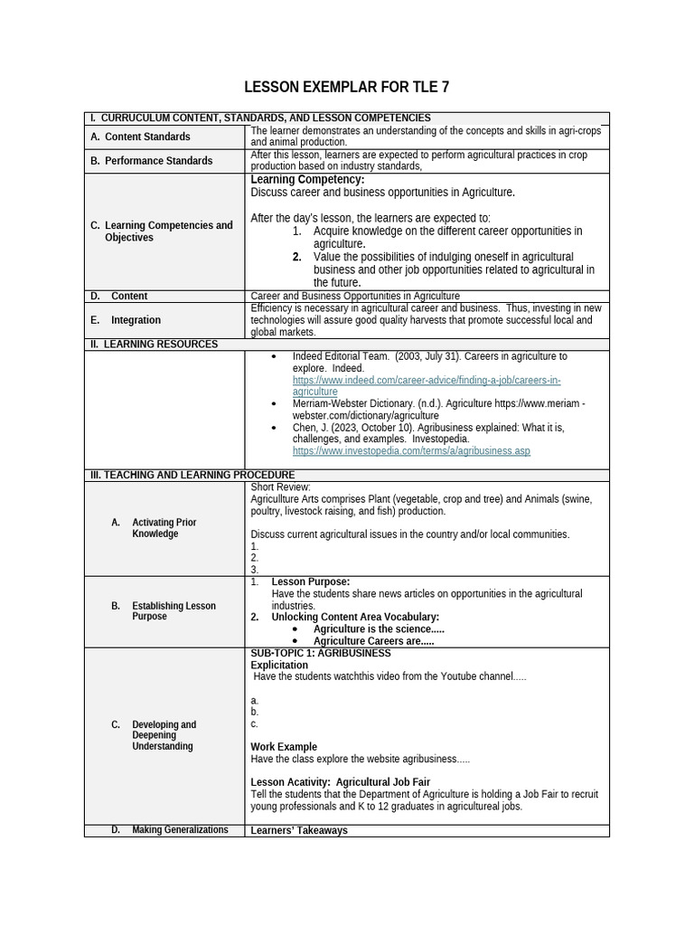 Agricultural Career Opportunities Lesson | PDF | Learning | Agriculture