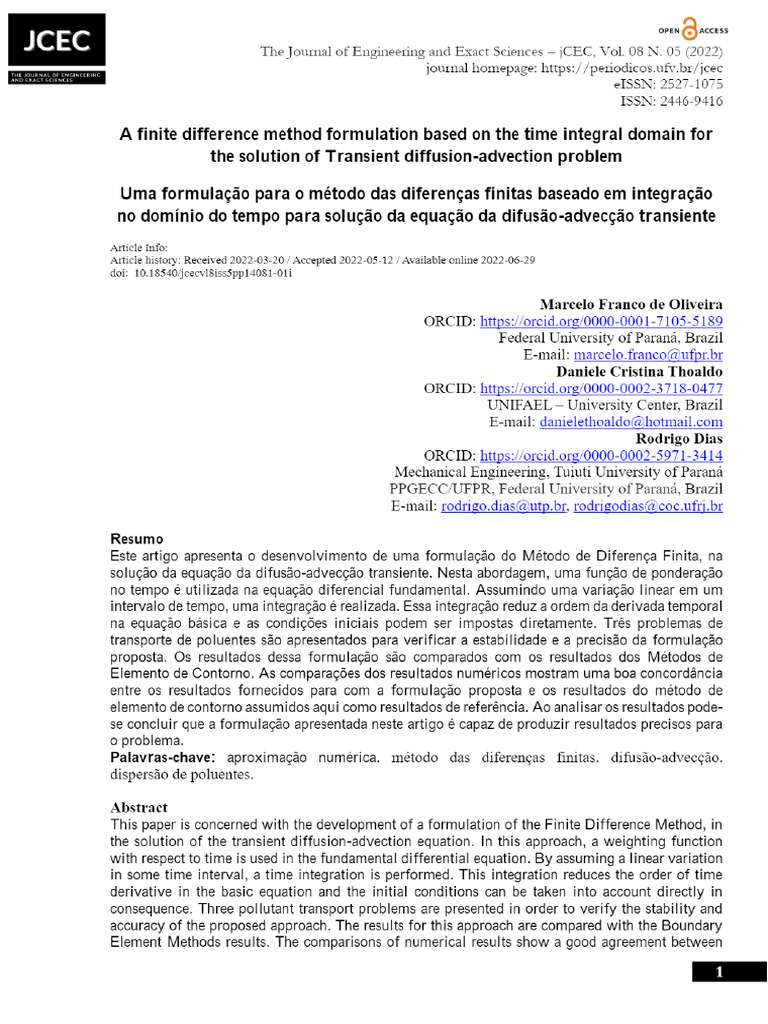 A Finite Difference Method Formulation For Transient Diffusion Advection Equation Pdf