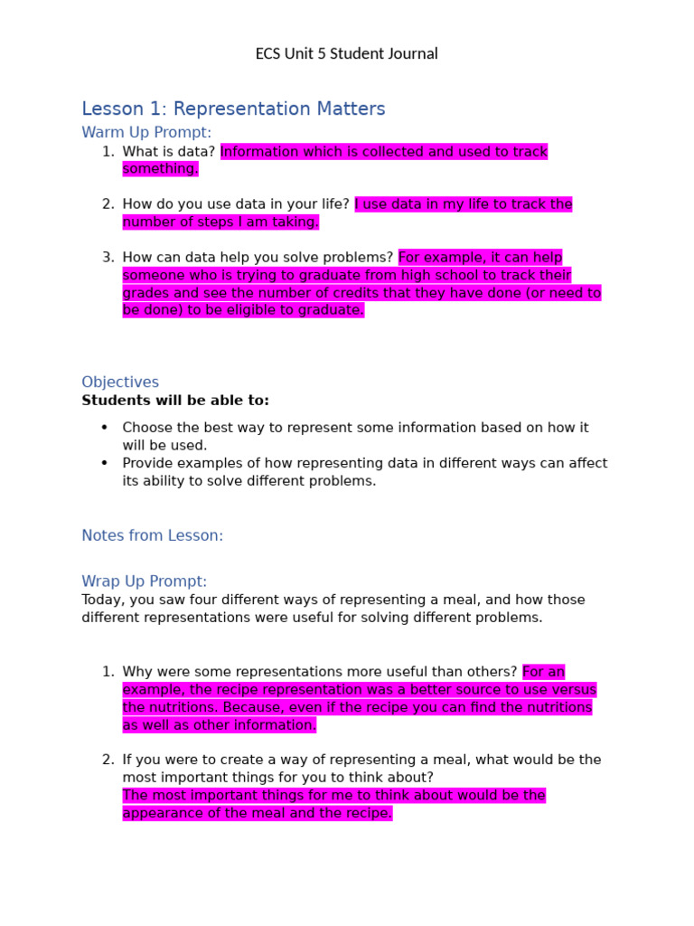 ECS Unit 5 Student Journal For Chapter 1 | PDF | Code | Information