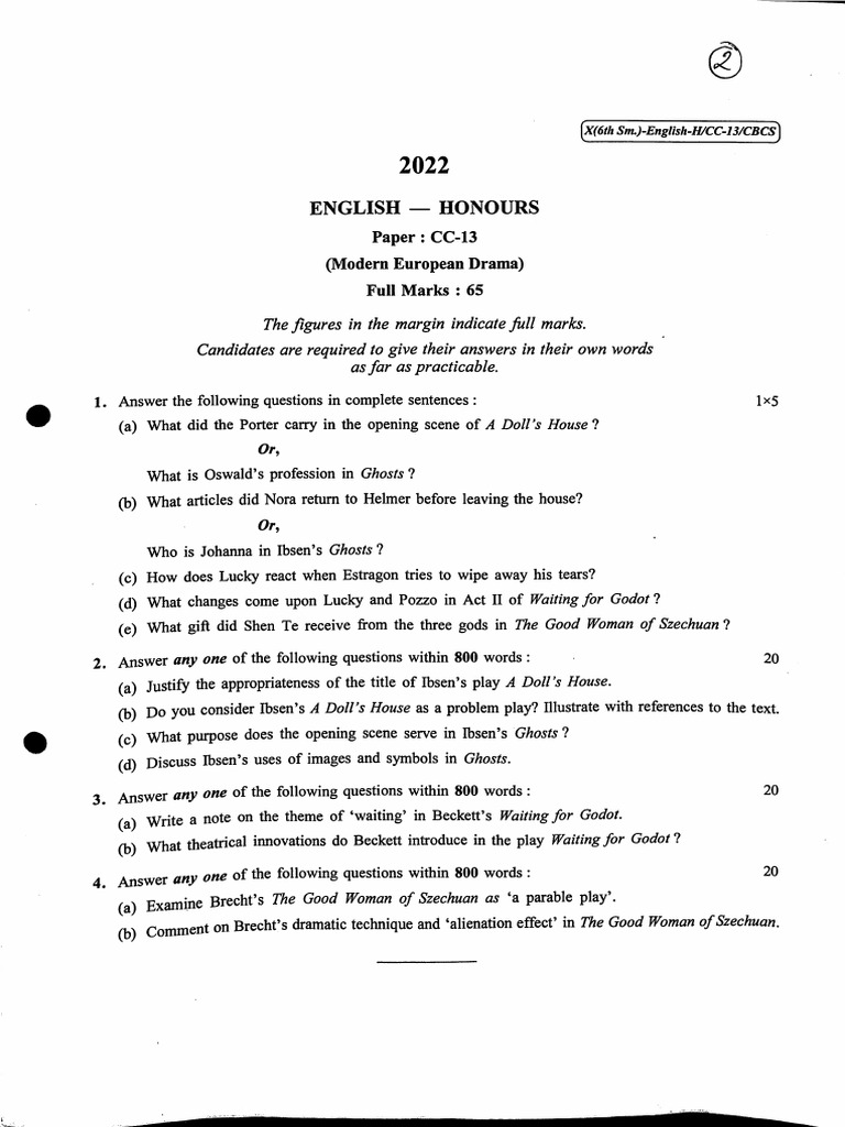 (2022) English Honours Sem 6 All Question Papers | PDF