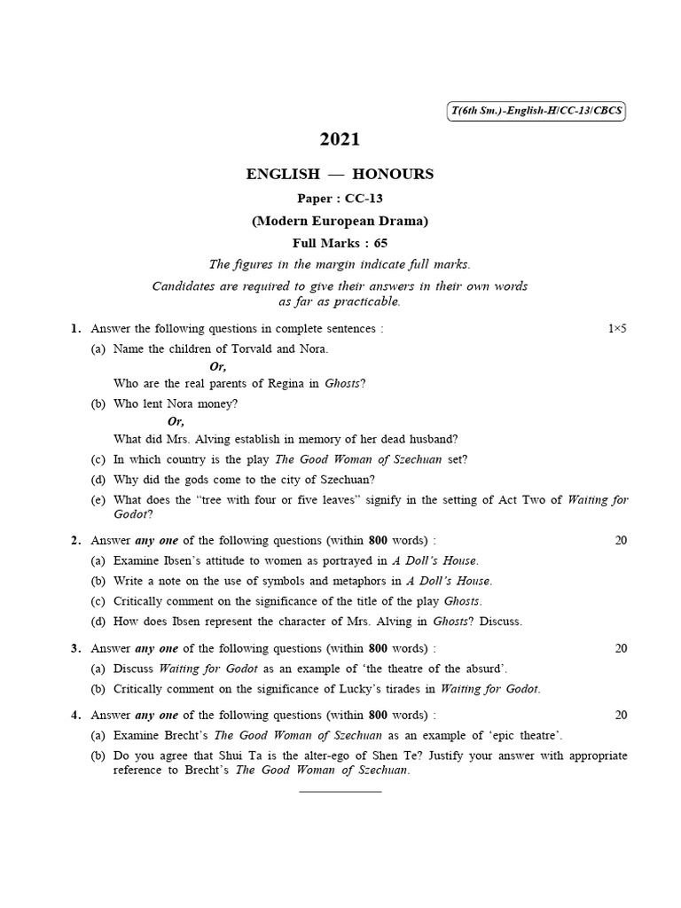 English Honours Semester 6 Question Papers | PDF | A Doll's House