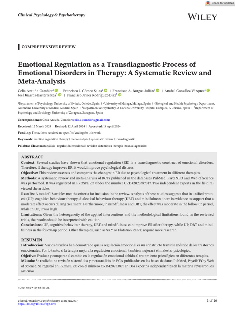 Emotional Regulation as a Transdiagnostic Process ofEmotional Disorders ...