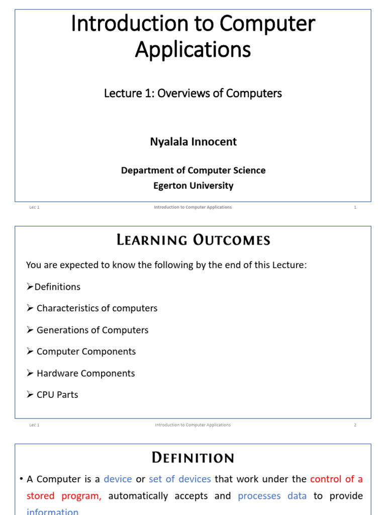 Lecture 1 - Overview of Computers, Generations and Components | PDF | Central Processing Unit ...