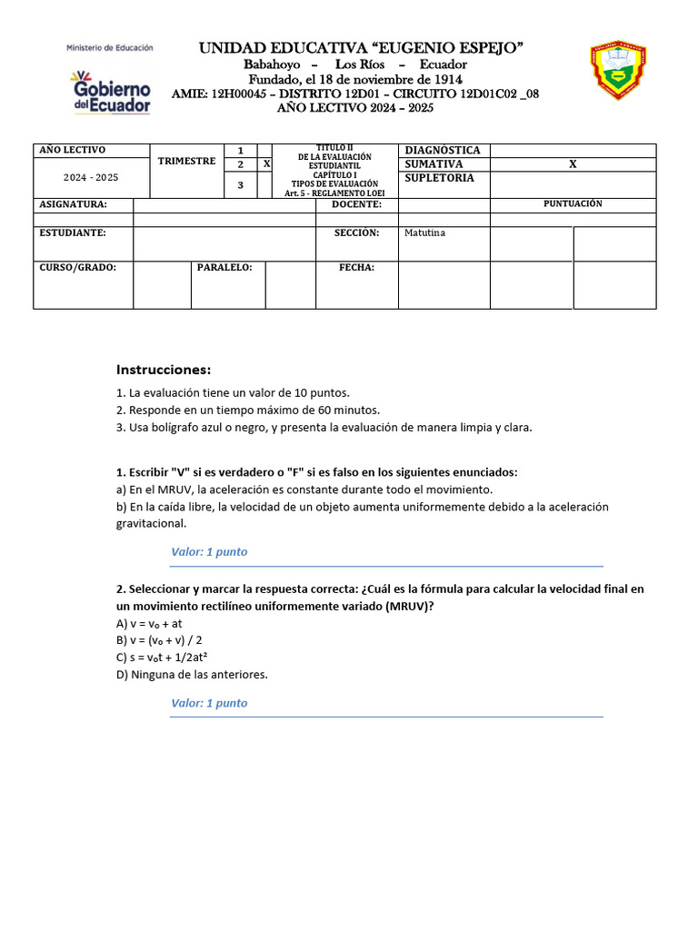 1ro Bgu Ueee Formato de La Evaluación 2do Trimestral 2024 - 2025 | PDF | Velocidad | Física