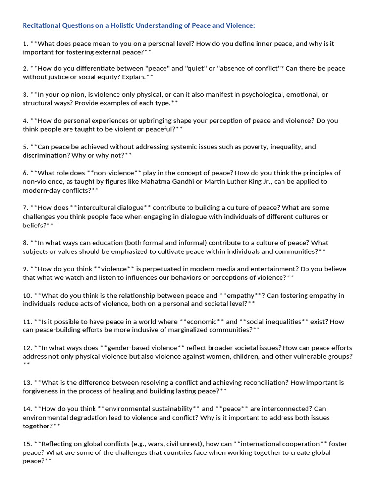 Recitation Questions L1 in Peace Studies | PDF | Peace | Violence
