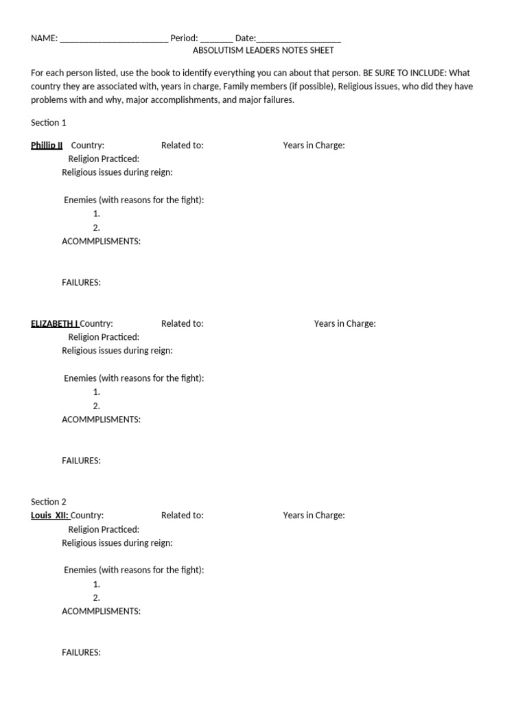 Absolutism Leaders Notes Sheet | PDF
