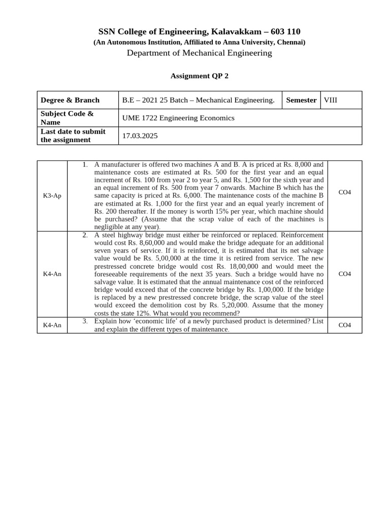 Engg Economics Assignment 2 QP | PDF