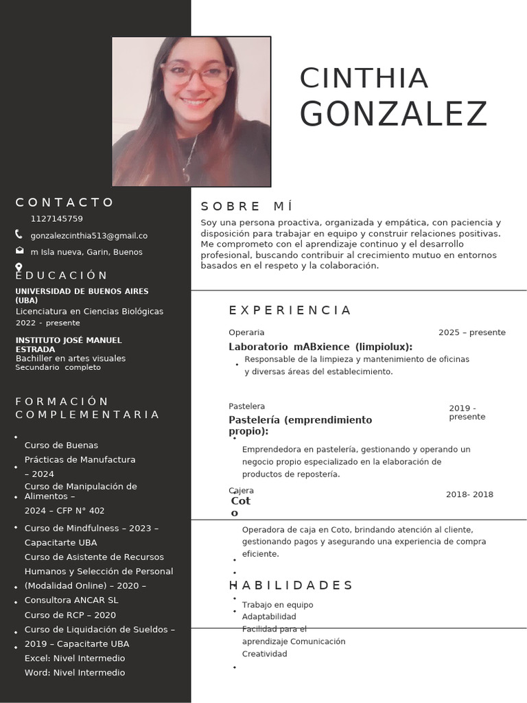 CV de Cinthia Gonzalez: Biología y Pastelería | PDF | Iniciativa empresarial