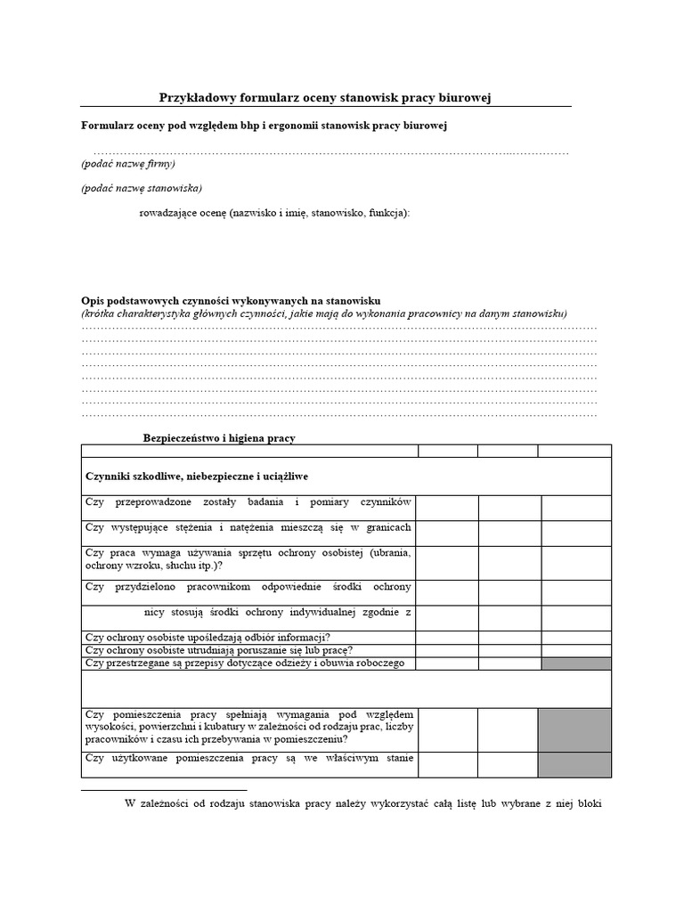 Przykładowy Formularz Oceny Stanowisk Pracy Biurowej | PDF