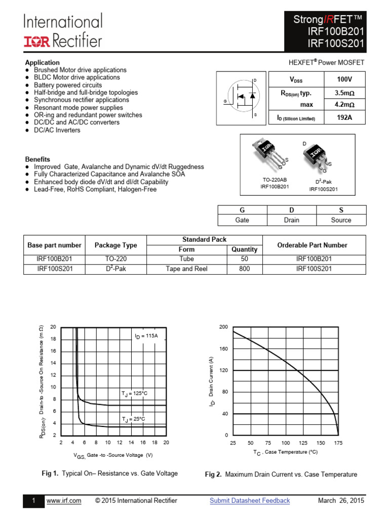 Infineon IRF100B201 DataSheet v01 01 En-3362780 | PDF | Diode | Electronic Engineering