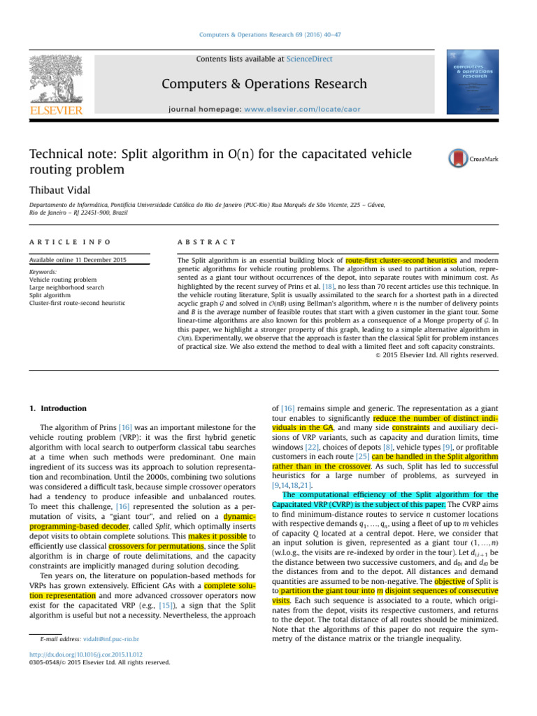 2016 - Split algorithm in O(n) for the capacitated vehicle routing problem | PDF | Queue ...