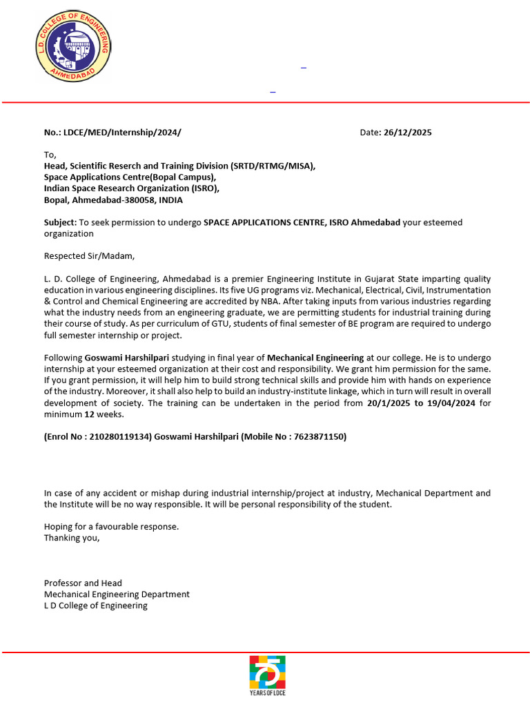 NOC Format For Internship (1) - 3 | PDF