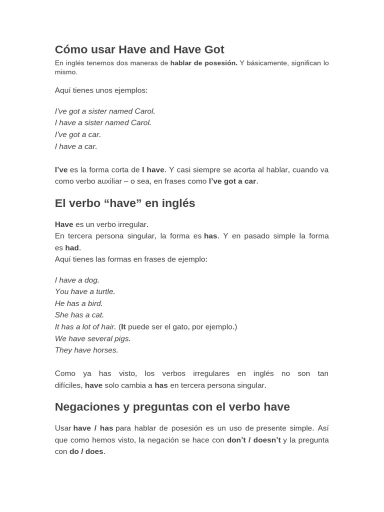 Uso de "Have" y "Have Got" en inglés | PDF | Gramática | Tipología ...