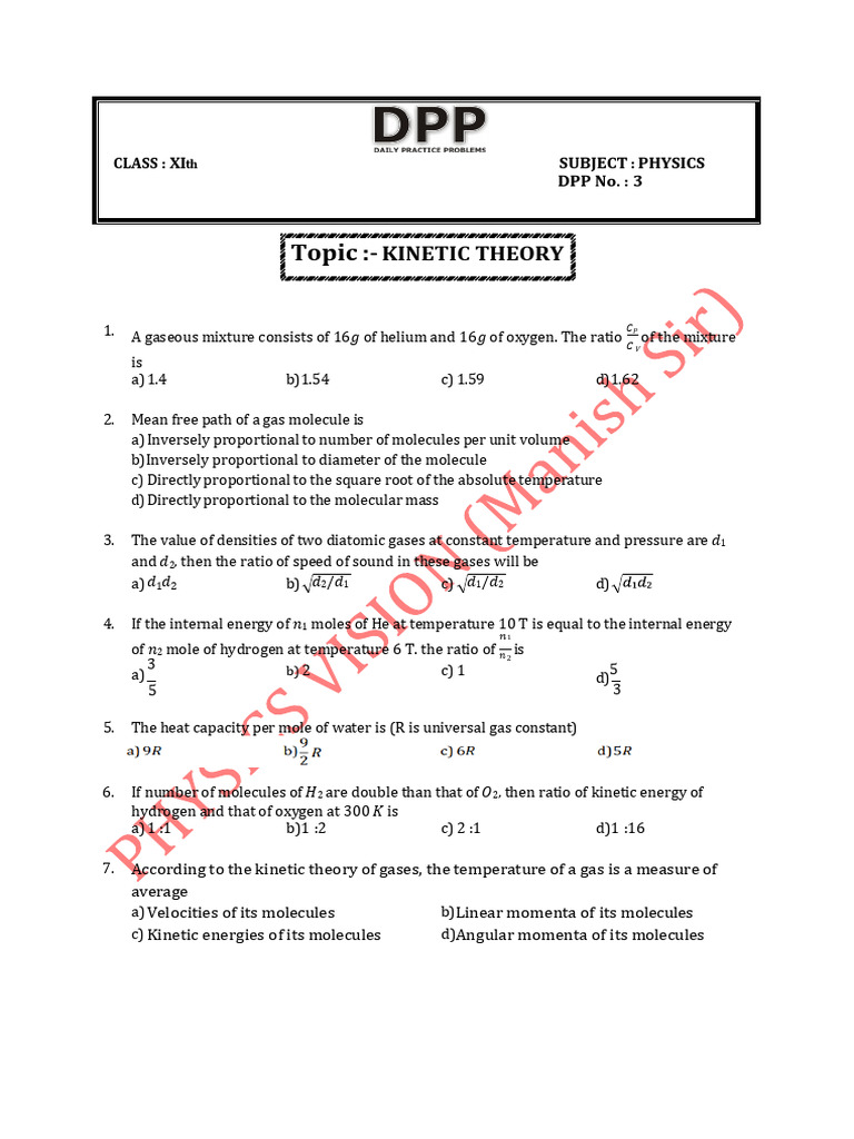 KINETIC THEORY OF GASES DPP-3 | PDF | Gases | Temperature