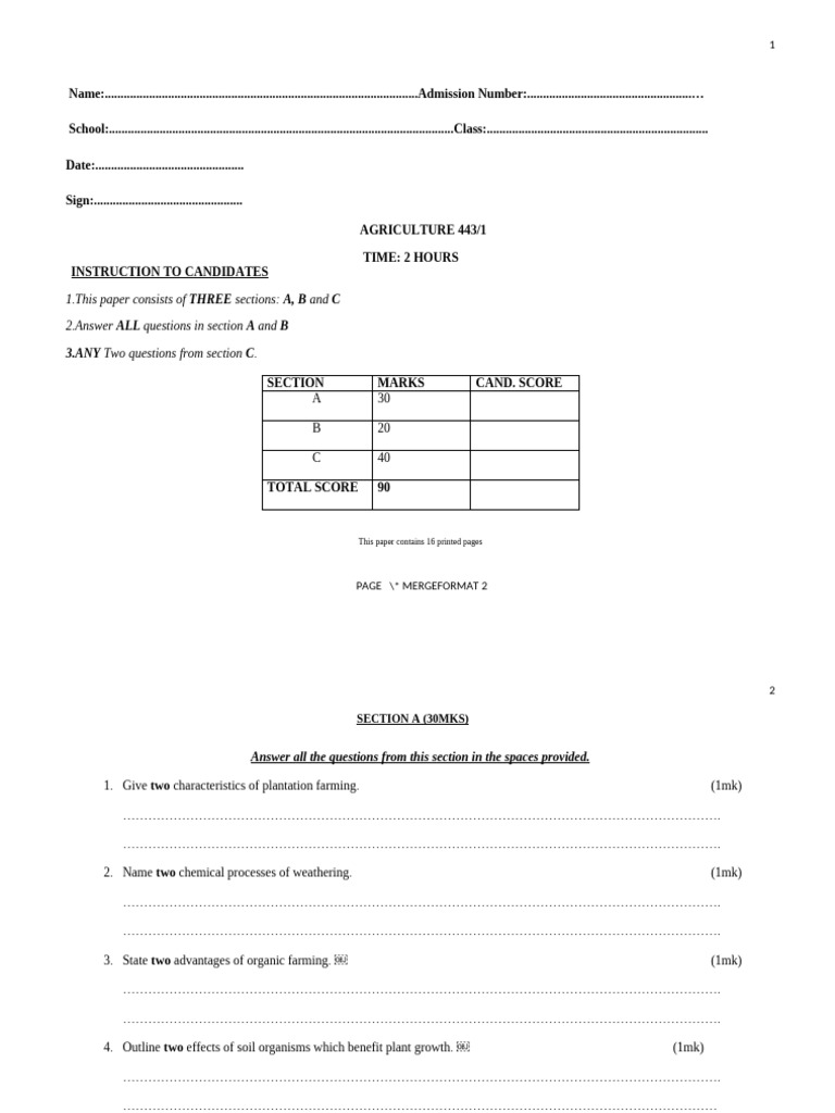 Form 3 Agriculture Exam Paper 2024 | PDF | Horticulture | Botany