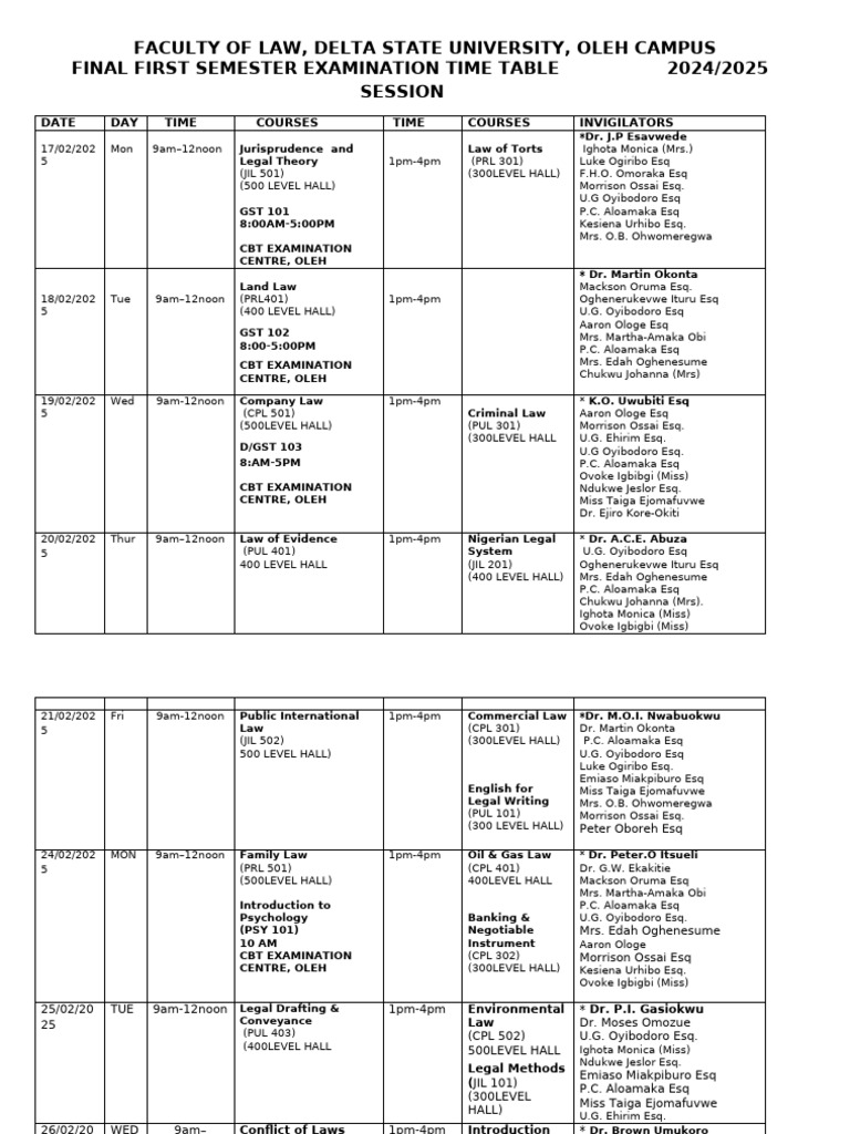 October 2025 Law Exam Timetable | PDF | Justice | Crime & Violence