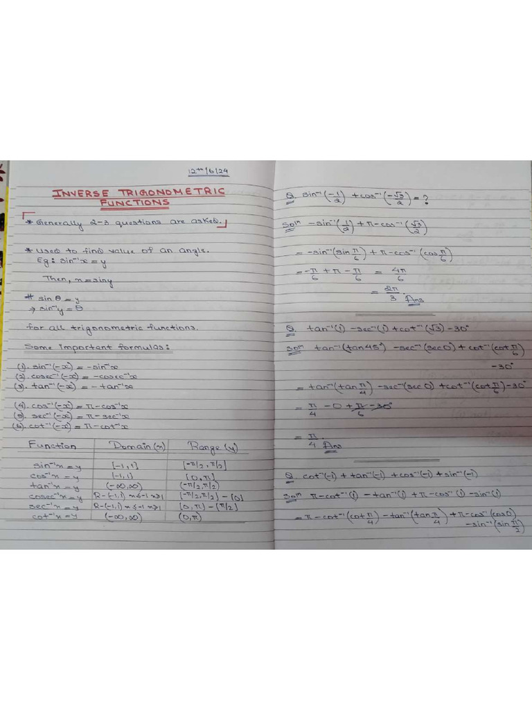 Inverse Trigonometry Class 12 Pdf