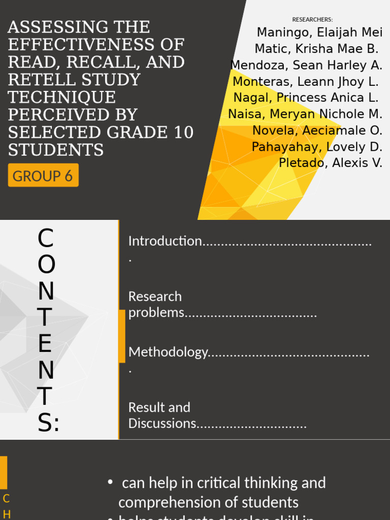 Group 6 Assessing The Effectiveness of Read Recall and Retell Study Technique Perceived by ...