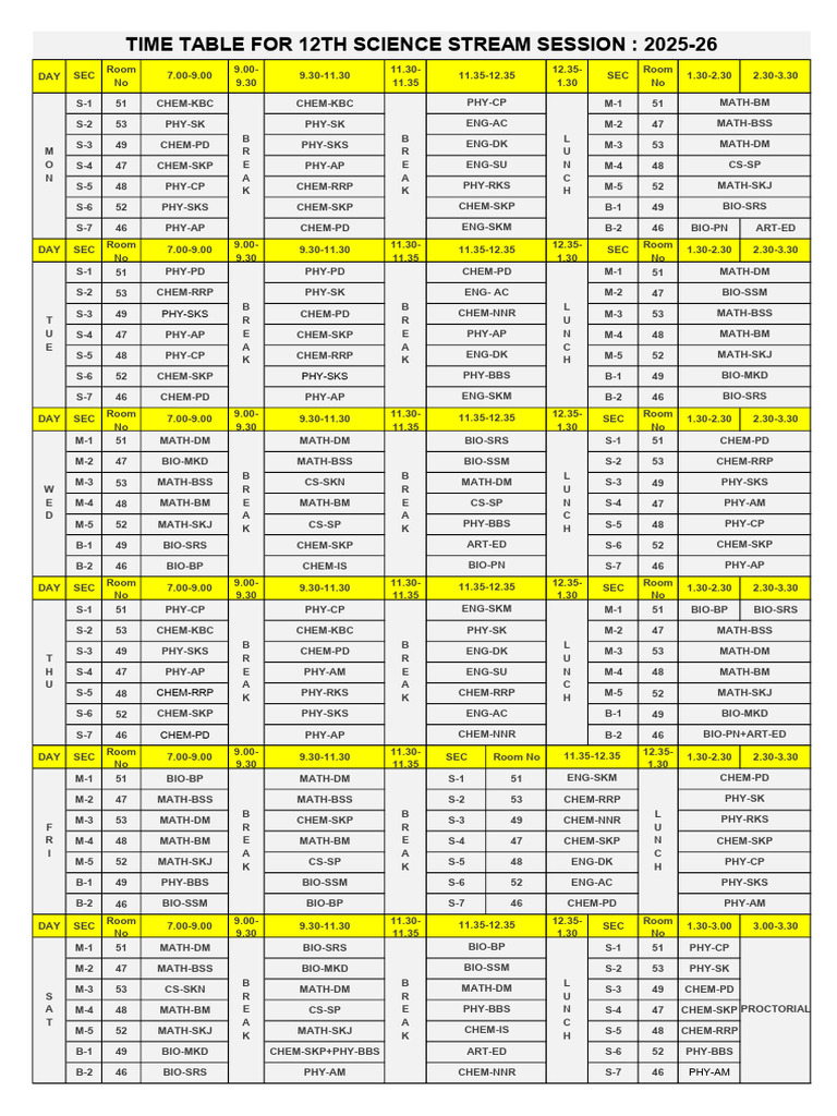 12th Science Stream Timetable 2025-26 | PDF