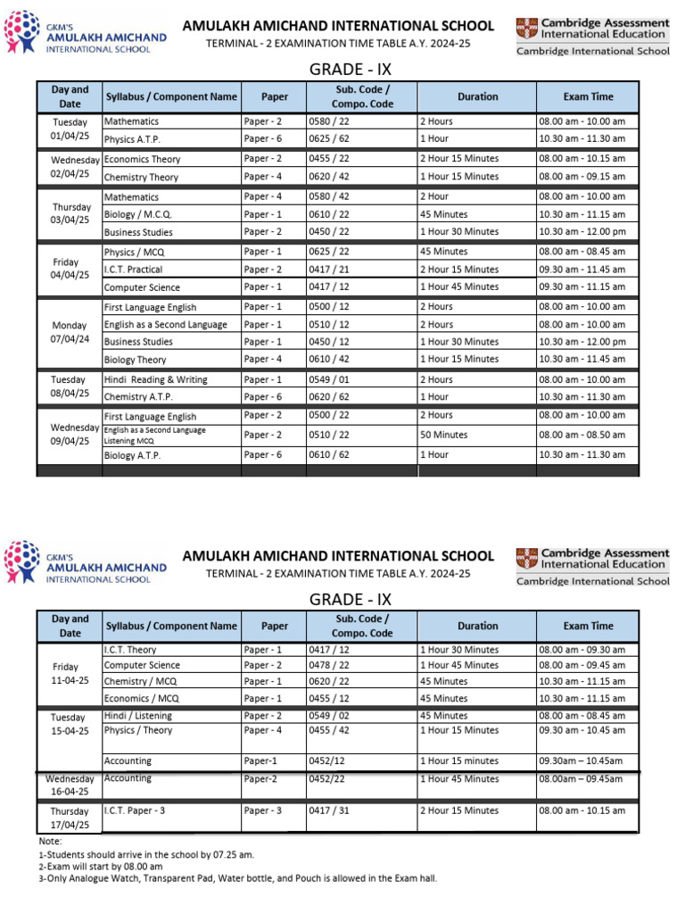 Grade 9 Term-2 Time Table | PDF