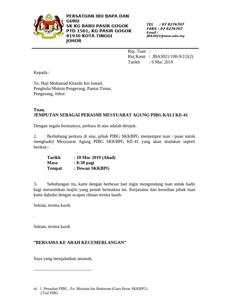 Surat Jemputan Perasmi Mesyuarat Agung PIBG | PDF
