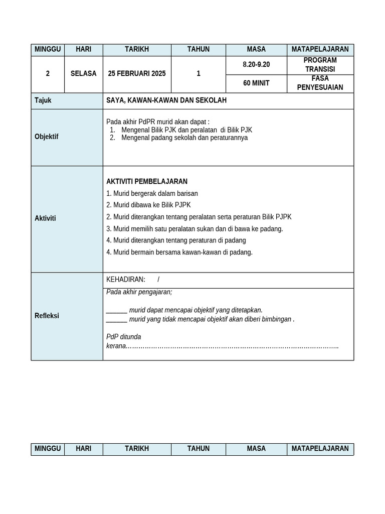 Contoh RPH TRANSISI - Minggu Penyesuaian | PDF