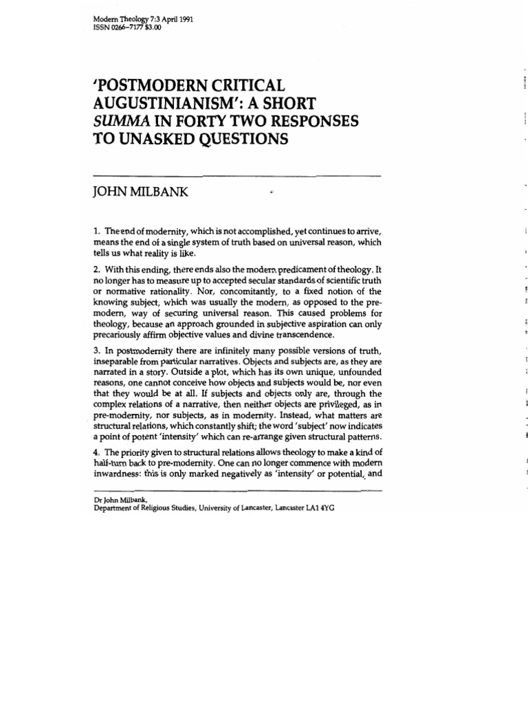 John Milbank - Postmodern Critical Augustinianism. A Short Summa | PDF